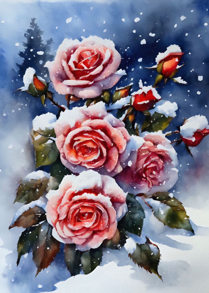 'Roses covered with snow 4' Poster, picture, metal print, paint by ...