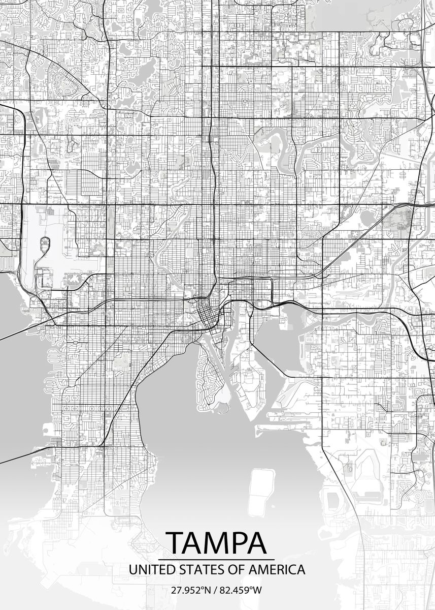 'Tampa Florida US White Map' Poster, picture, metal print, paint by ...