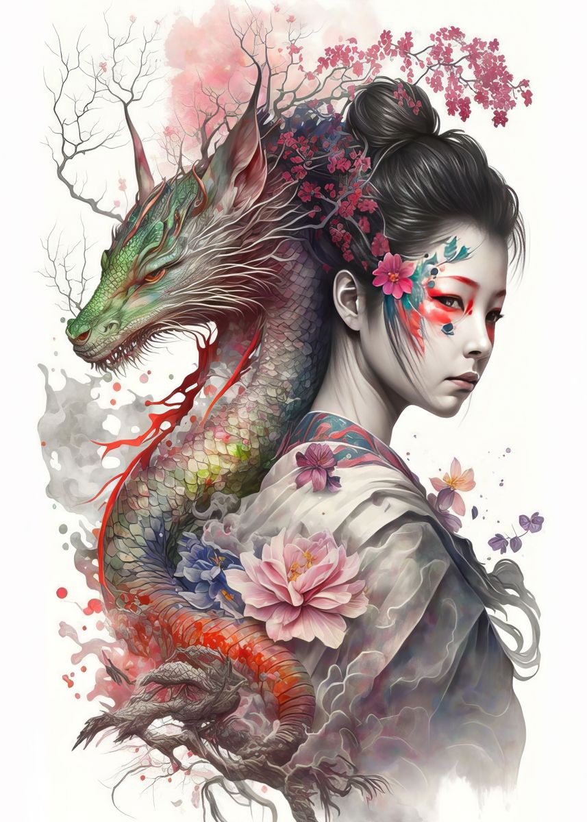 'Geisha dragon rainbow' Poster, picture, metal print, paint by Graphic ...