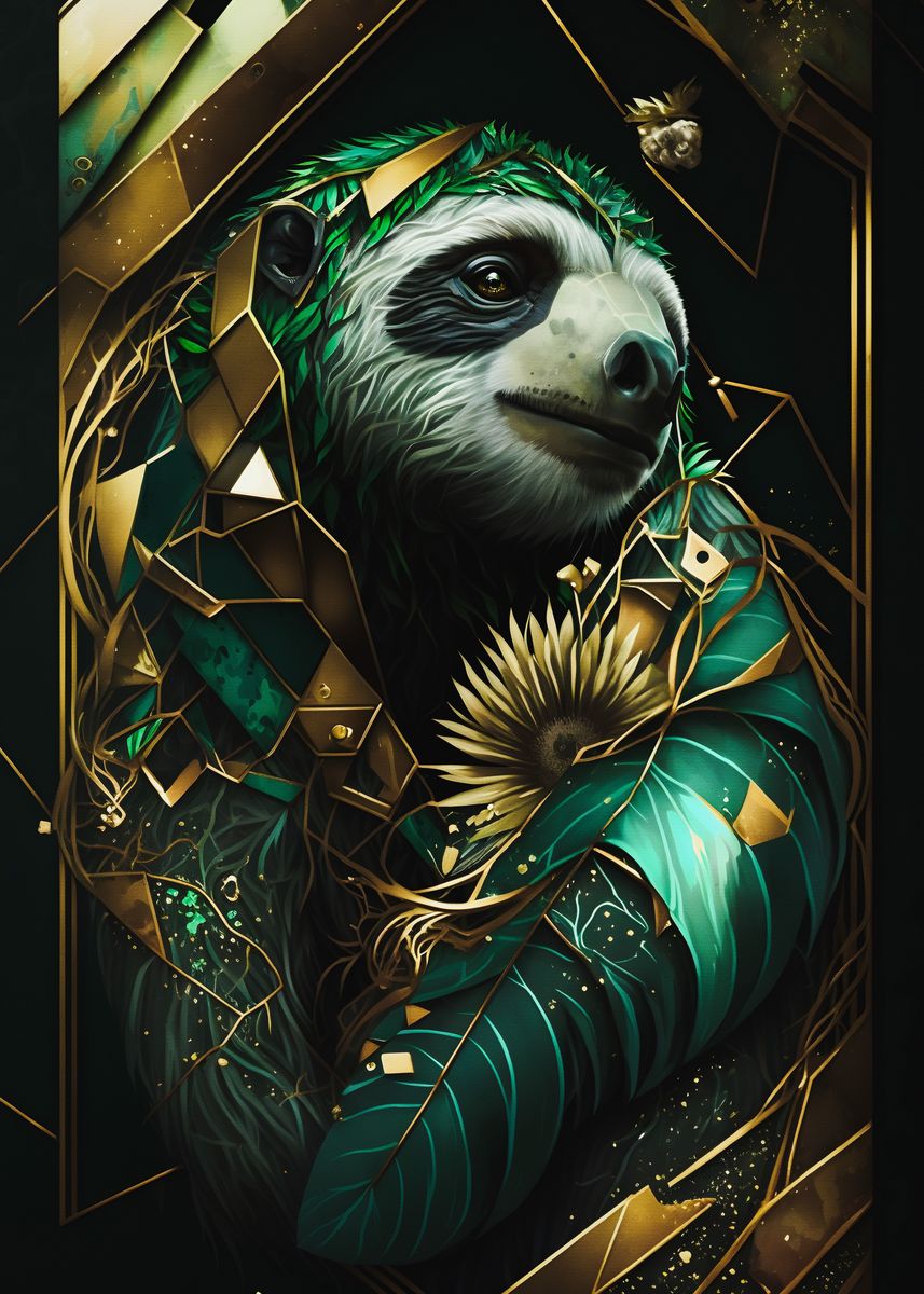 'Abstract Sloth Green Gold' Poster, picture, metal print, paint by ...