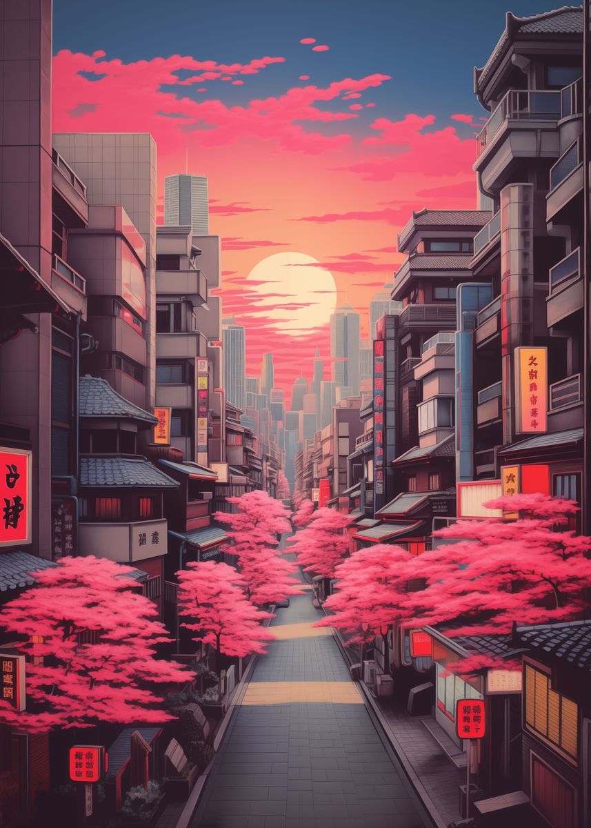 'Sunset Over Sakura Street' Poster, picture, metal print, paint by ...