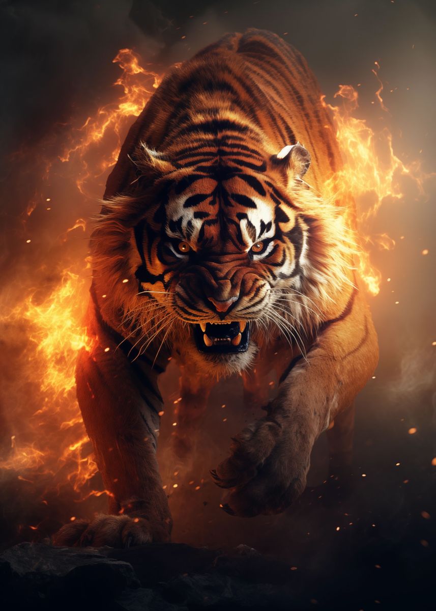 'Fiery Tiger Fire Flames' Poster, picture, metal print, paint by Zenz ...