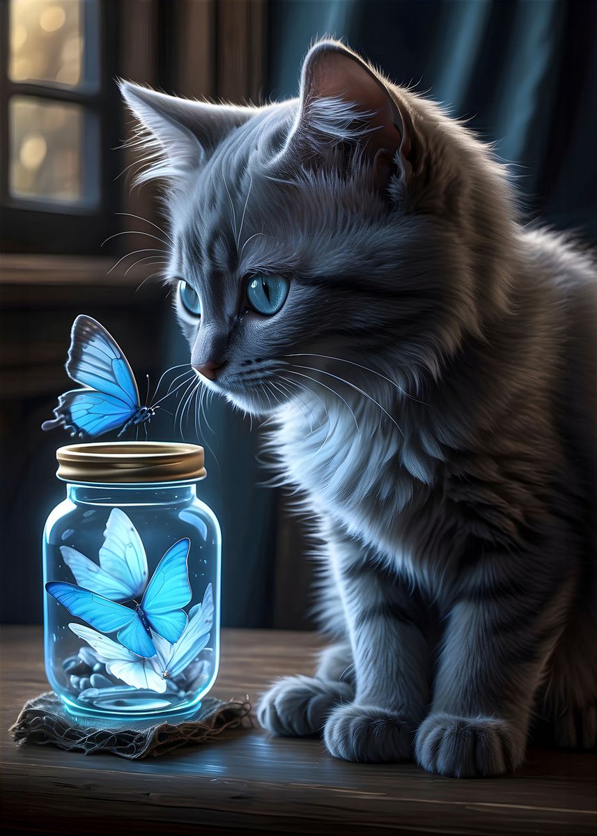 'Cat Butterflies And Jar' Poster, picture, metal print, paint by Bowie ...