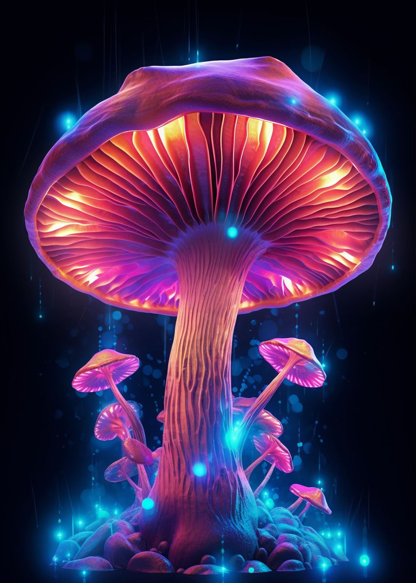 'Neon Psychedelic Mushroom' Poster, picture, metal print, paint by ...