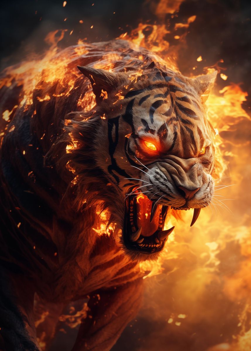 'Burning Fantasy Tiger Glow' Poster, picture, metal print, paint by ...
