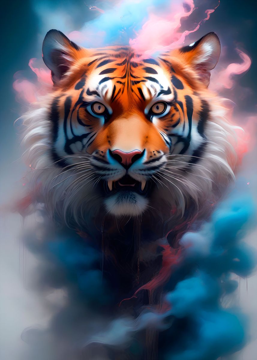 'wild epic tiger in smoke' Poster, picture, metal print, paint by mk ...