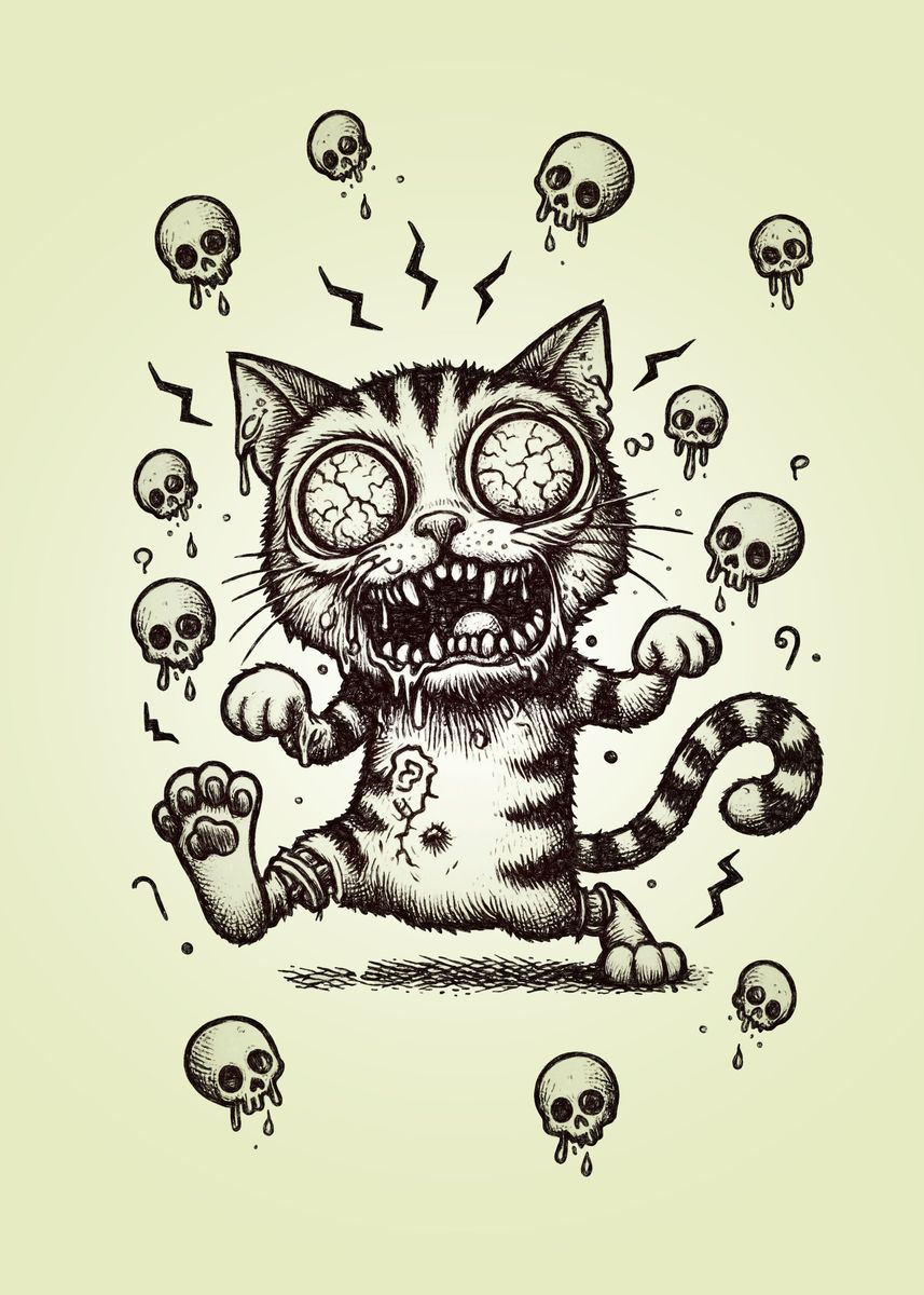 'Screaming zombie cat' Poster, picture, metal print, paint by ...