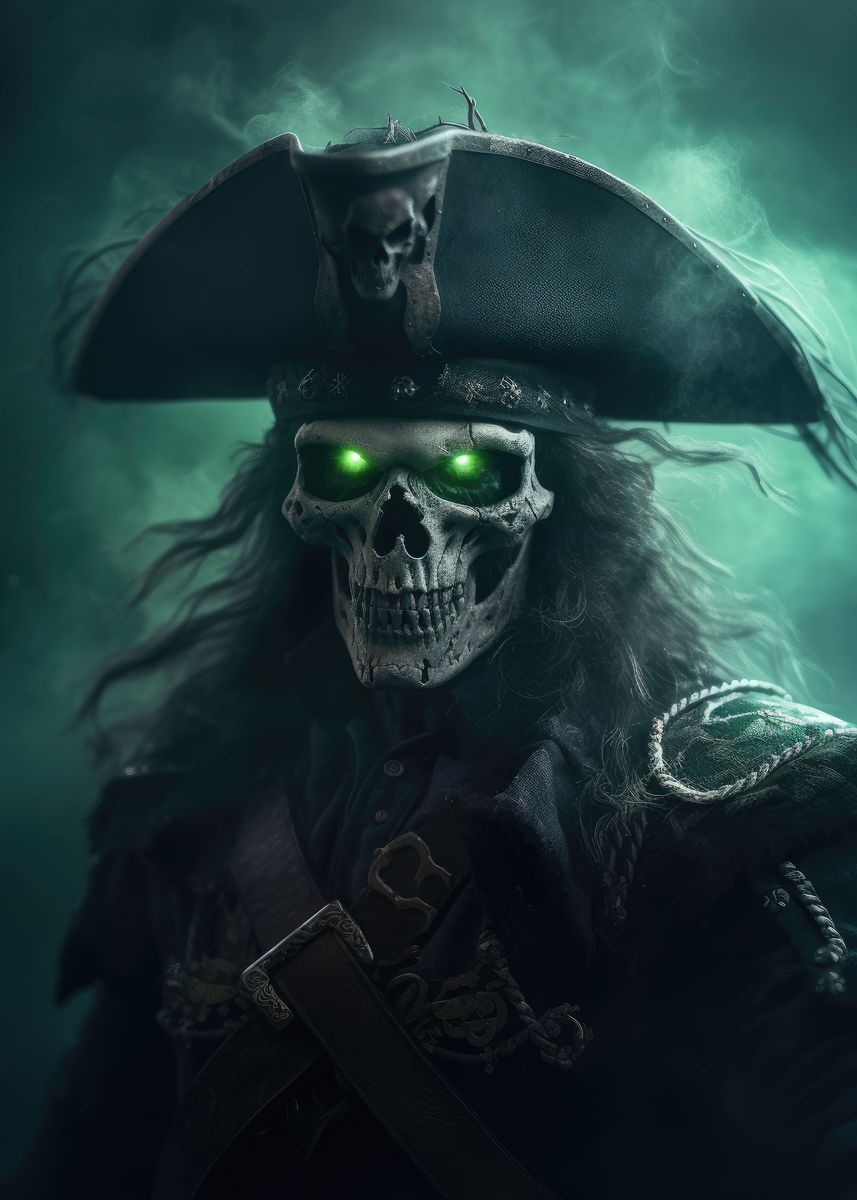 'Green Pirate Zombie Skull' Poster, picture, metal print, paint by ...