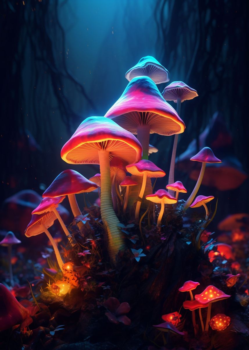'Colorful Neon Mushrooms' Poster, picture, metal print, paint by ...