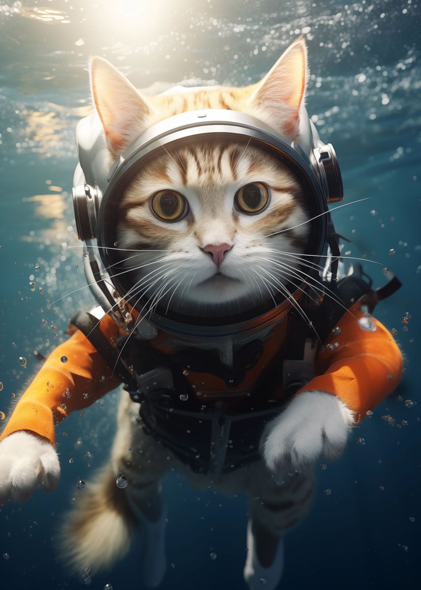 'Funny Diving Scuba Cat' Poster, picture, metal print, paint by Zenja ...