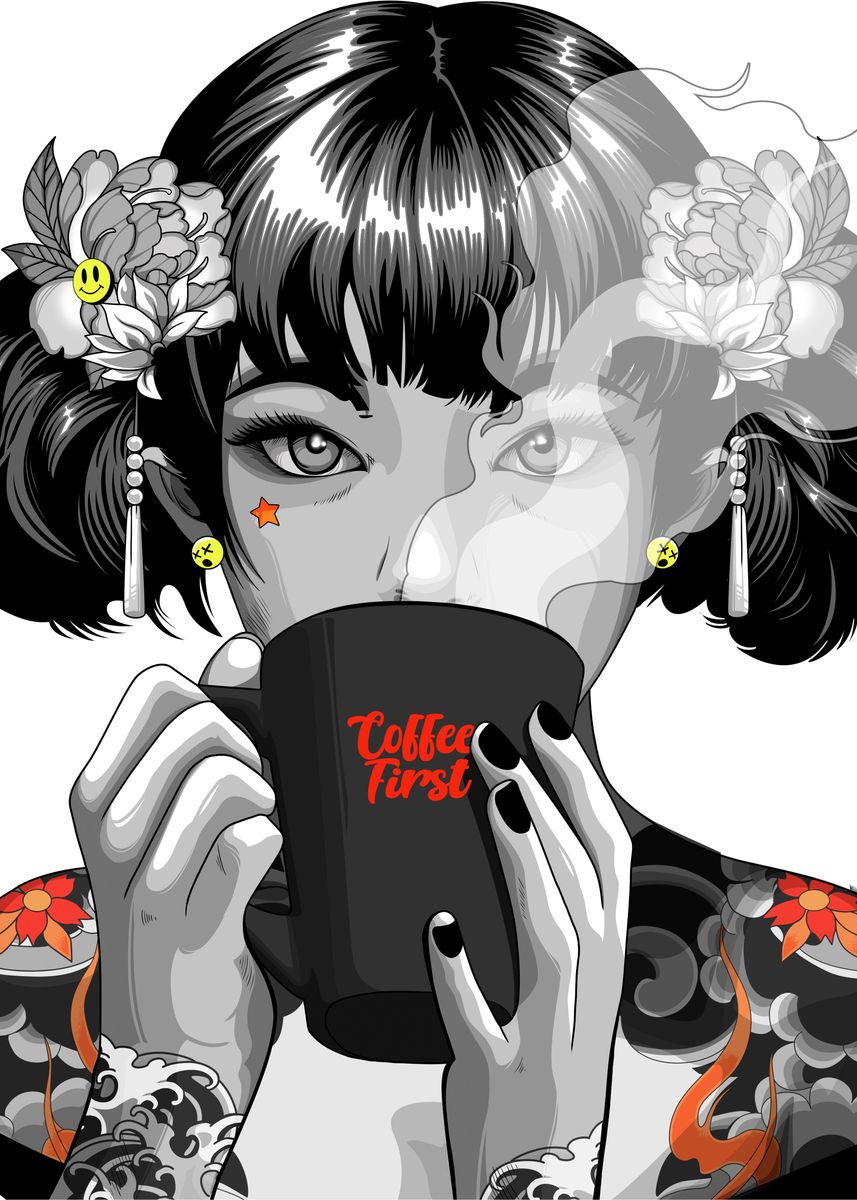 'Coffee First ' Poster, picture, metal print, paint by HeyMoonly | Displate