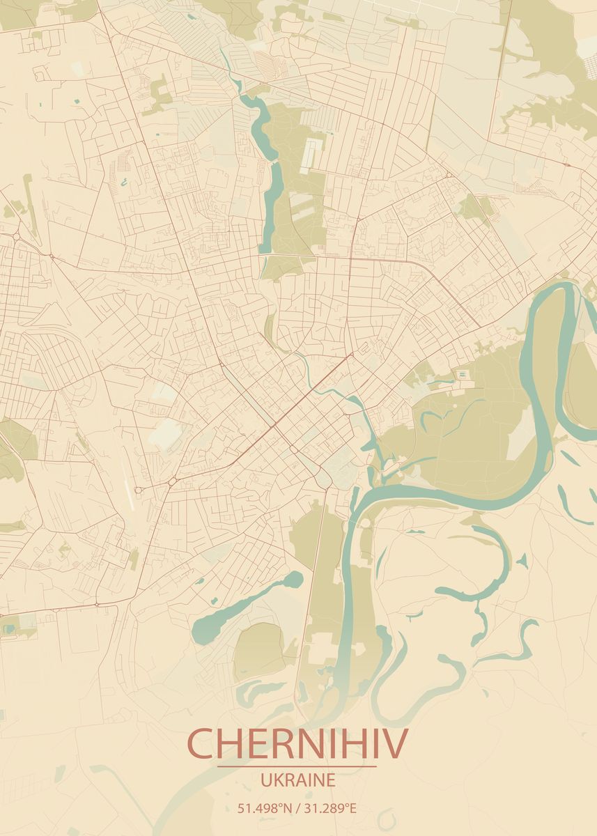 'Chernihiv UA Vintage Map' Poster, picture, metal print, paint by Wall ...