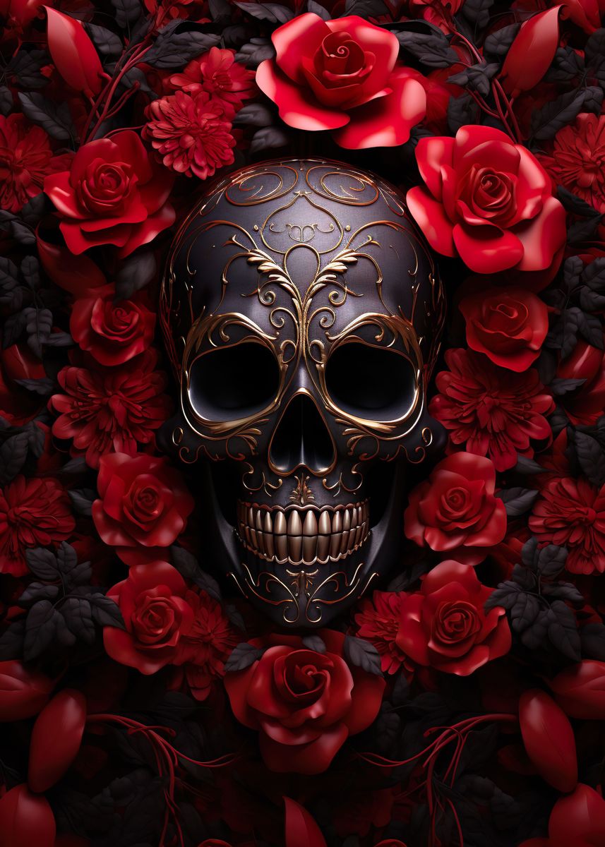 'Red roses Skull' Poster, picture, metal print, paint by Veraaaa | Displate