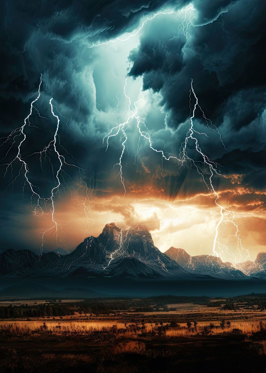 'Mountain Lightning Storm' Poster, picture, metal print, paint by Senja ...