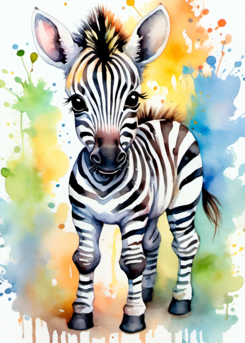 'watercolor cute baby zebra' Poster, picture, metal print, paint by mk ...