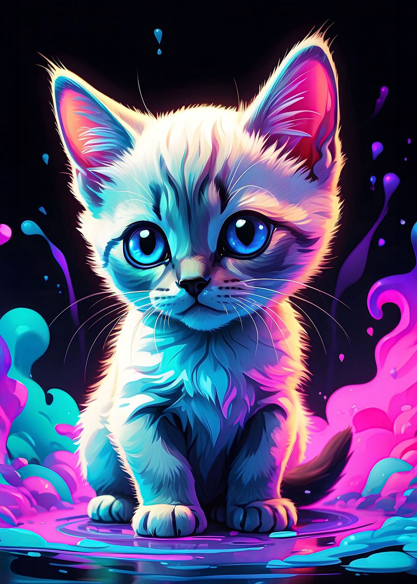 'Kitten Neon Cat' Poster, picture, metal print, paint by ...