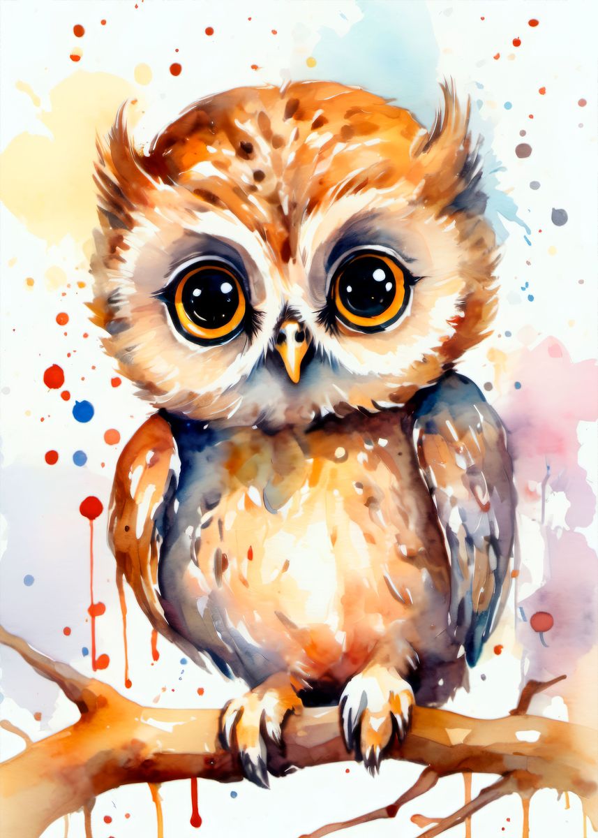 'watercolor cute baby owl ' Poster, picture, metal print, paint by mk ...