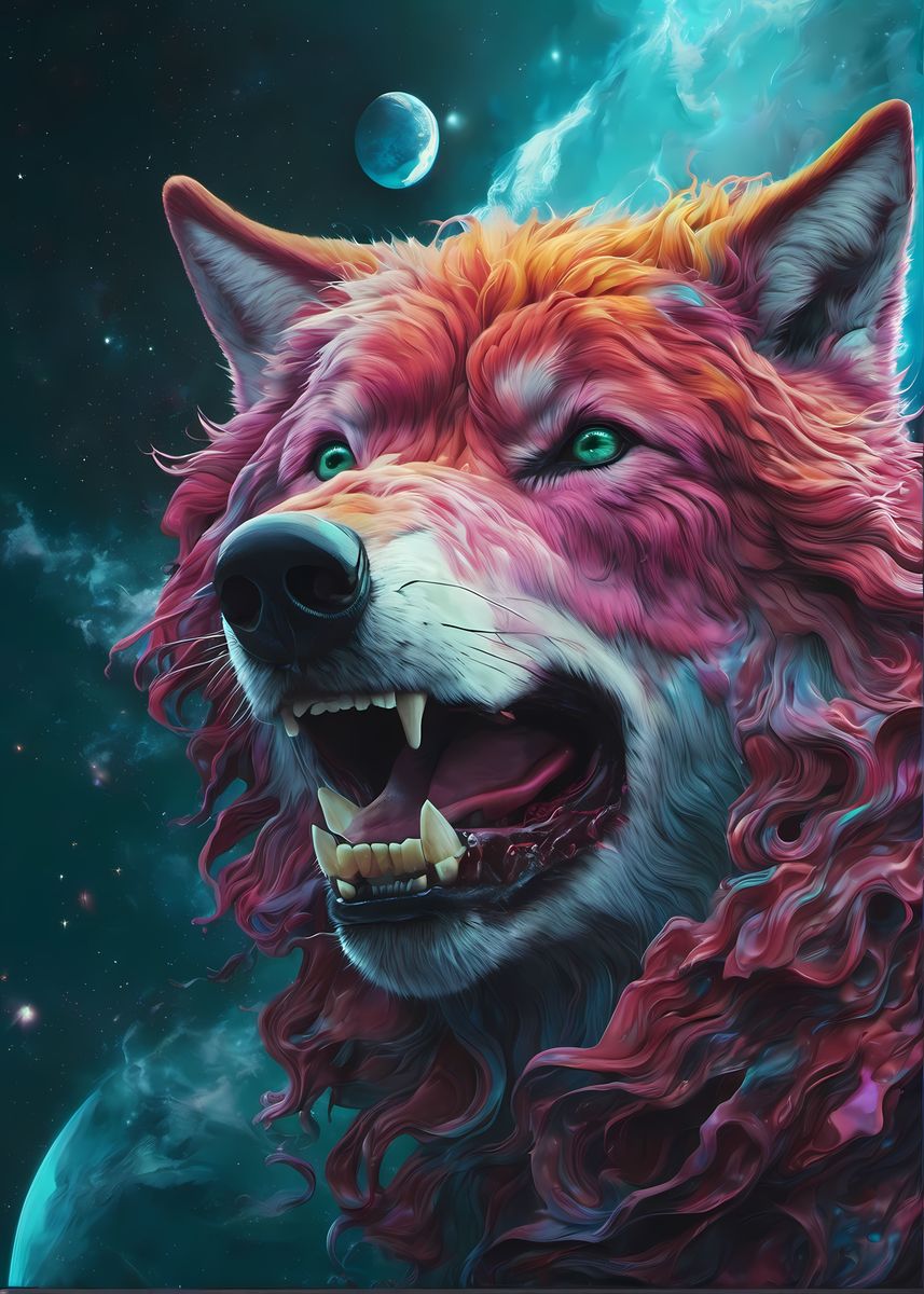 'Wolf in space' Poster, picture, metal print, paint by Surreal Print | Displate