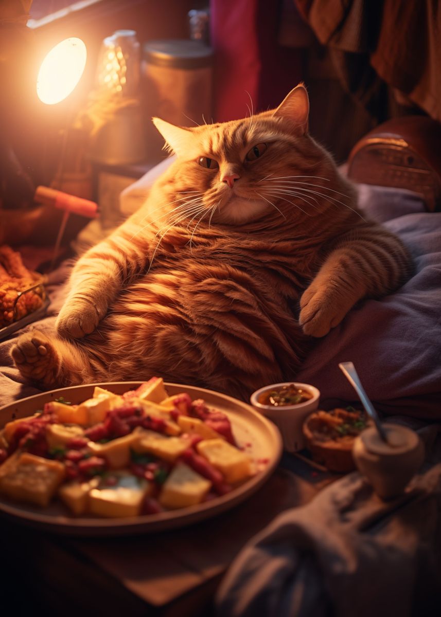 'Lazy Fat Cat Food Snacks' Poster, picture, metal print, paint by Zenja ...