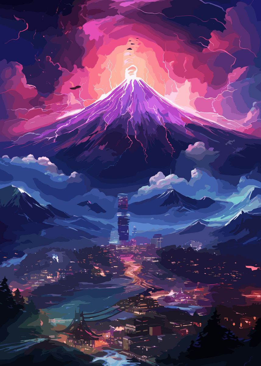 'Japan Mount Fuji Cyberpunk' Poster, picture, metal print, paint by Art Jiyuu | Displate