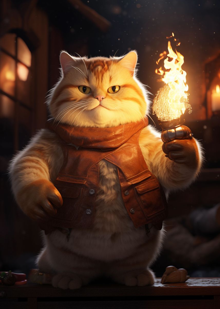 'Fluffy Cute Cat Fire Torch' Poster, picture, metal print, paint by ...