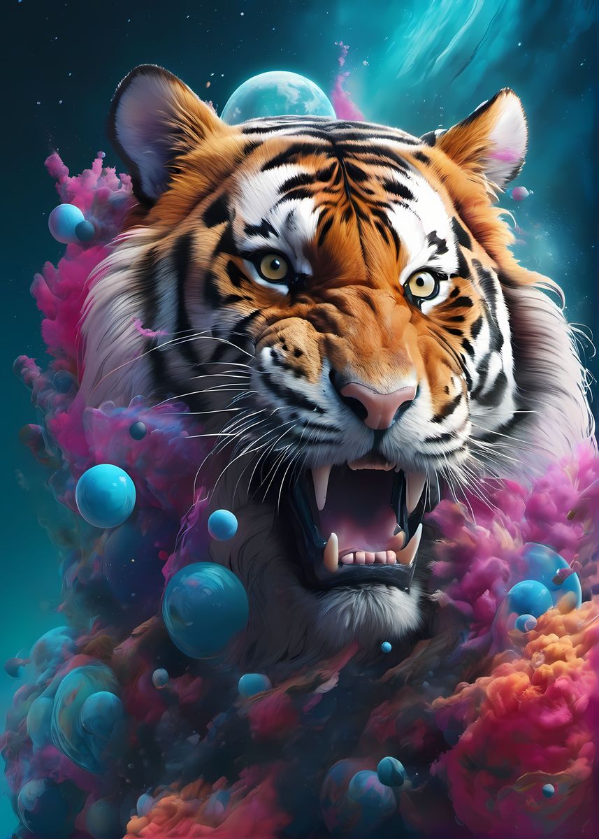 'Tiger in space' Poster, picture, metal print, paint by Surreal Print ...