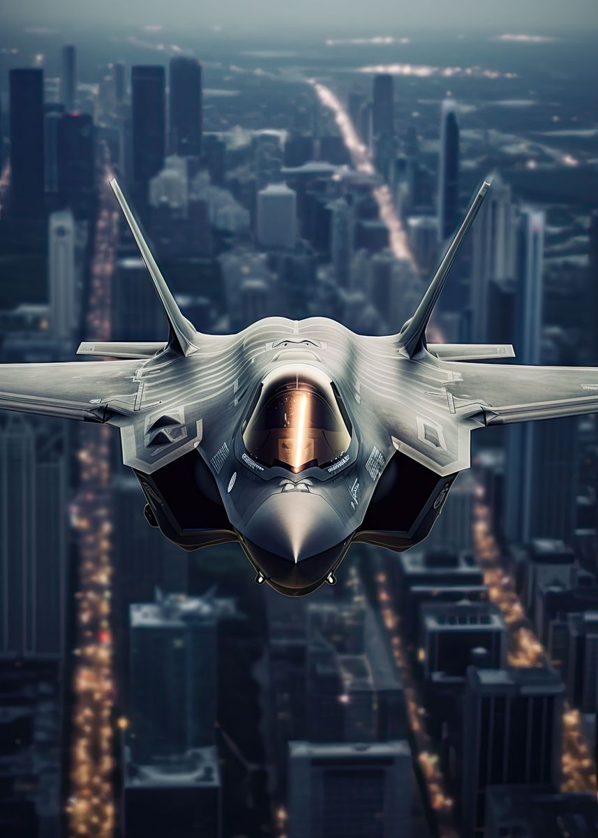 'F35 Fighter Jet Over City' Poster, picture, metal print, paint by ...