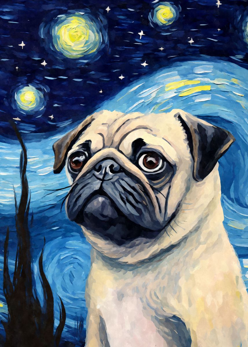 'Pug Dog Starry Night' Poster, picture, metal print, paint by Masaki ...