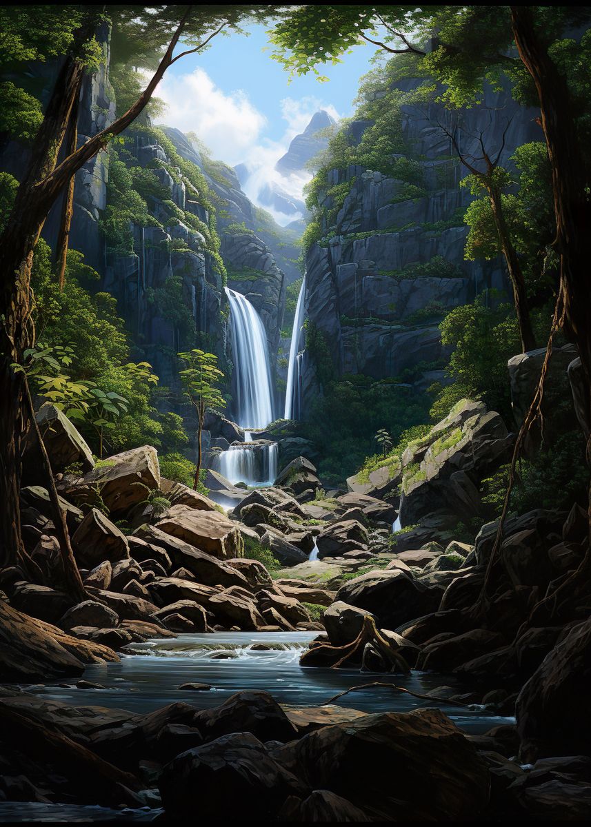 'Waterfall in Forest Nature' Poster, picture, metal print, paint by ...