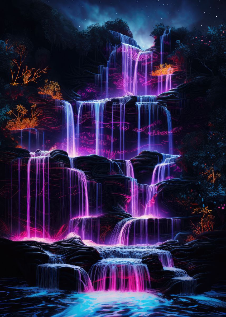 'Neon Waterfall' Poster, picture, metal print, paint by Senja Kolesnyk ...