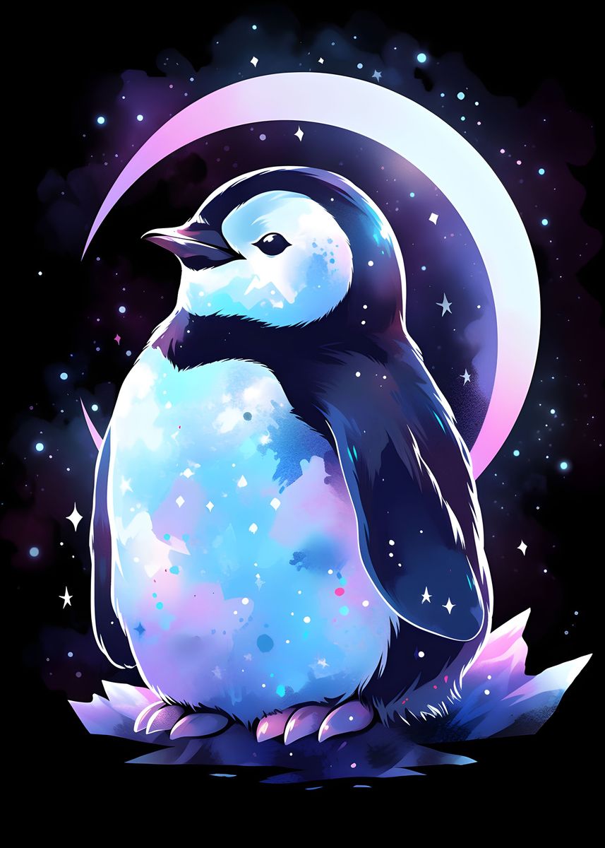'Penguin Moon Crescent ' Poster, picture, metal print, paint by ...