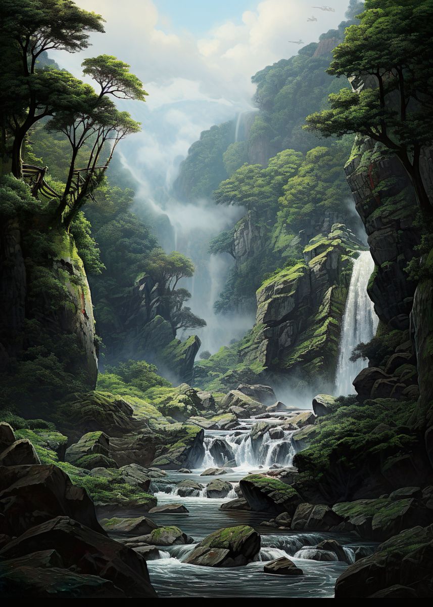 'Waterfall in Forest Nature' Poster, picture, metal print, paint by ...