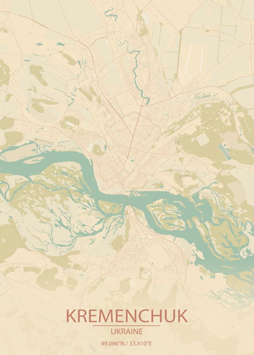 'Kremenchuk UA Vintage Map' Poster, picture, metal print, paint by Wall ...