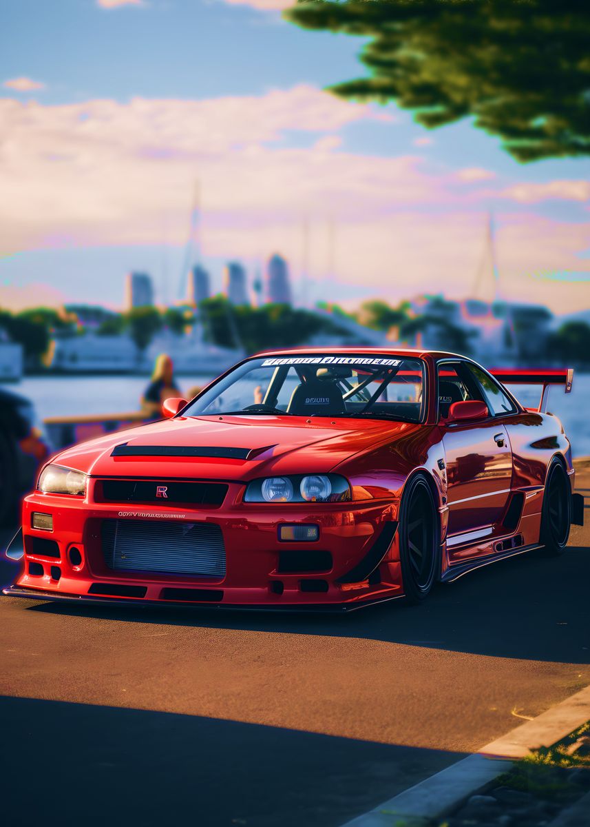 'JDM red Nissan Gtr R34' Poster, picture, metal print, paint by Mose ...