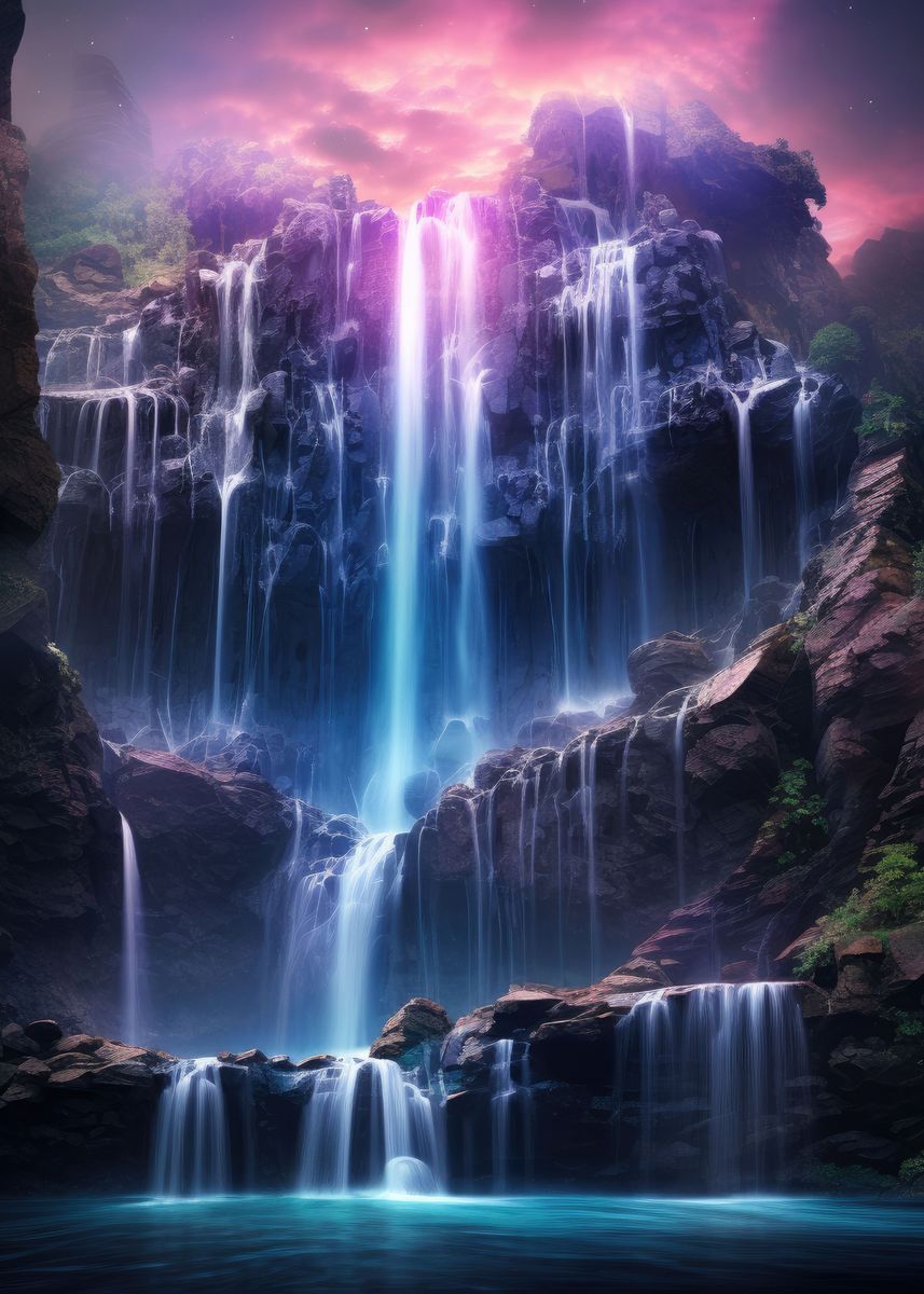 'Neon Waterfall' Poster, picture, metal print, paint by Senja Kolesnyk ...