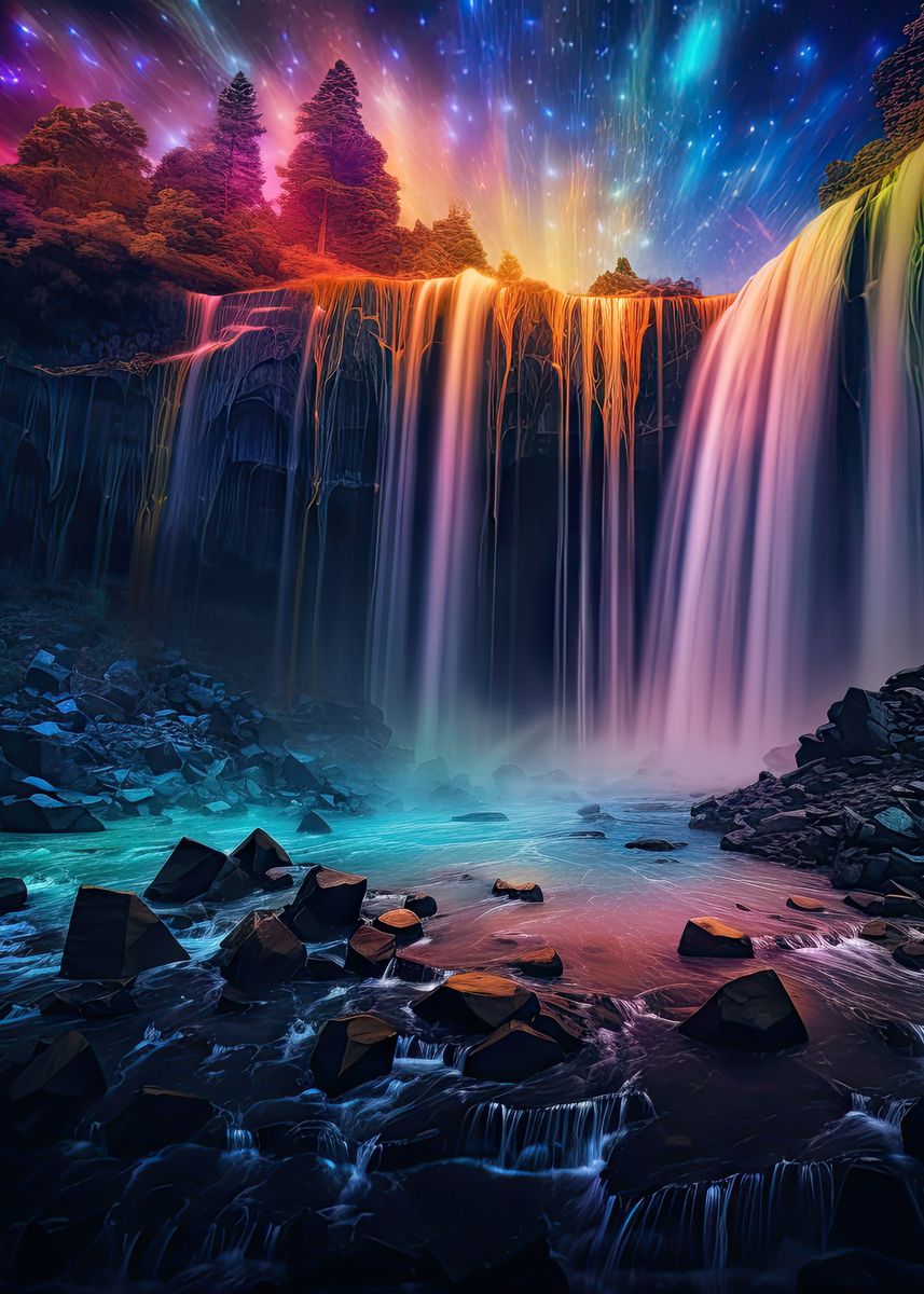 'Neon Waterfall' Poster, picture, metal print, paint by Senja Kolesnyk ...