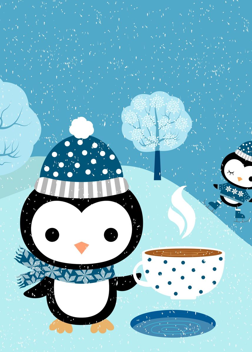 'Penguin with Coffee Cup' Poster, picture, metal print, paint by Miria ...