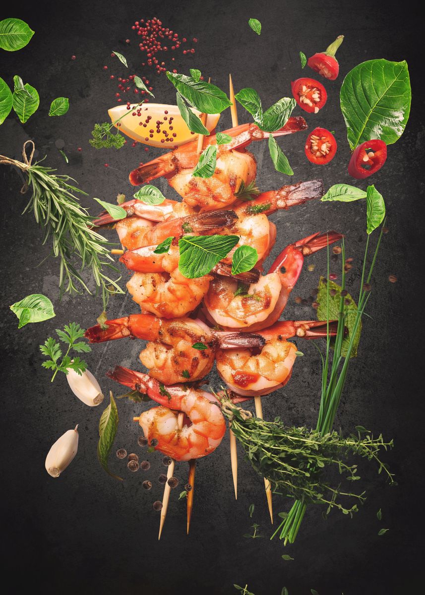 'Flying prawn skewers ' Poster, picture, metal print, paint by Stefan ...