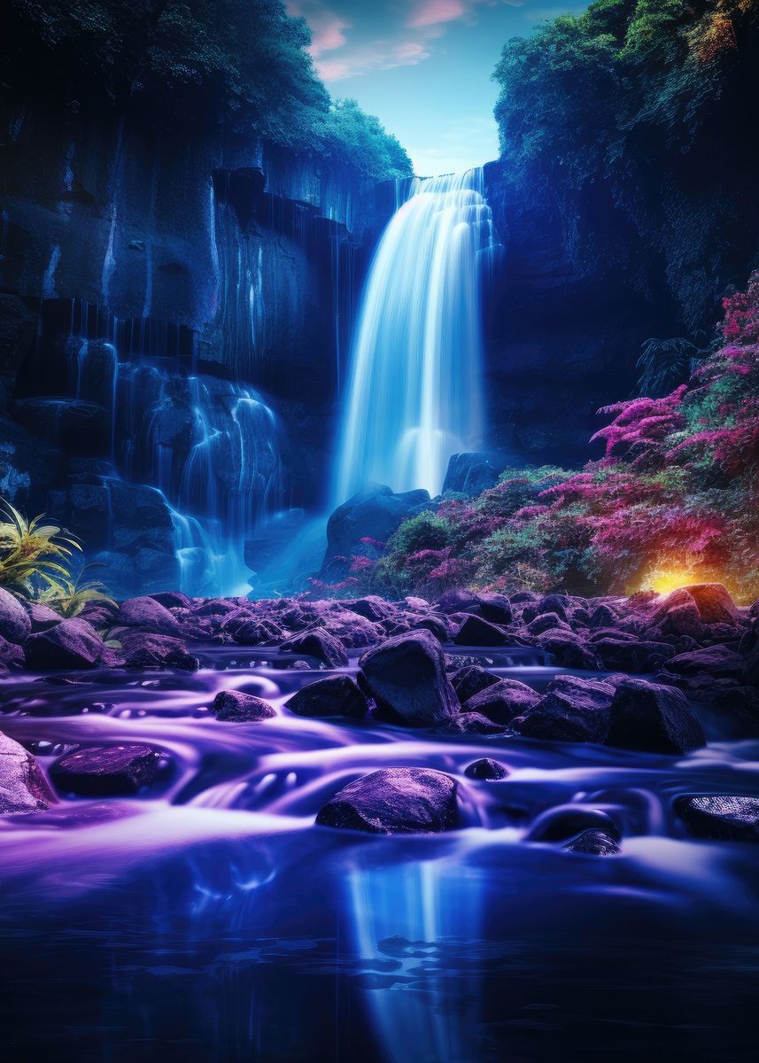 'Neon Waterfall' Poster, picture, metal print, paint by Senja Kolesnyk ...