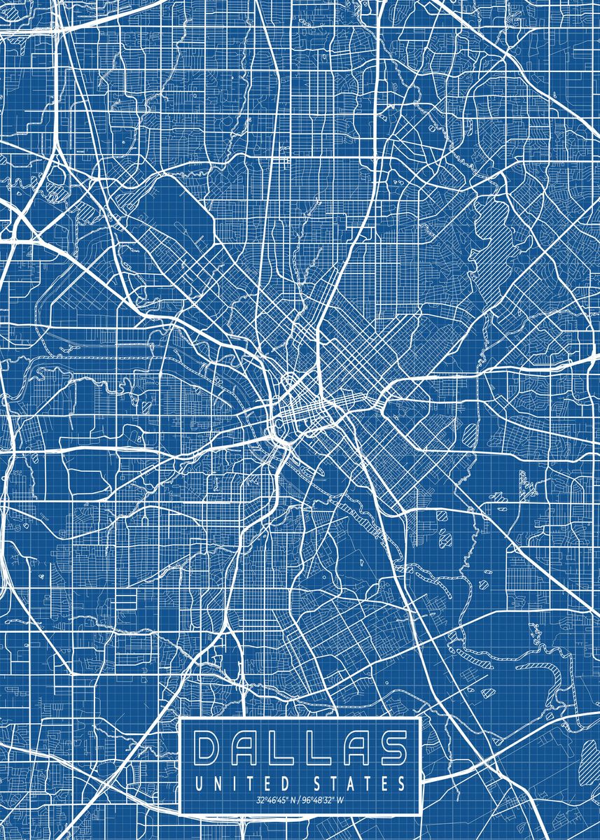 'Dallas City Map Blueprint' Poster, picture, metal print, paint by ...
