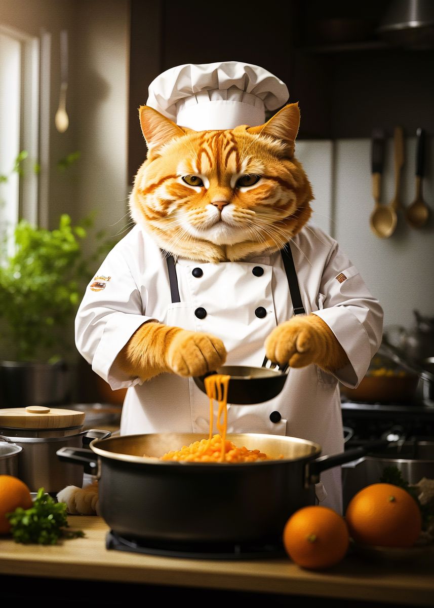 'Cute fat Cat Cooking Noodl' Poster, picture, metal print, paint by ...