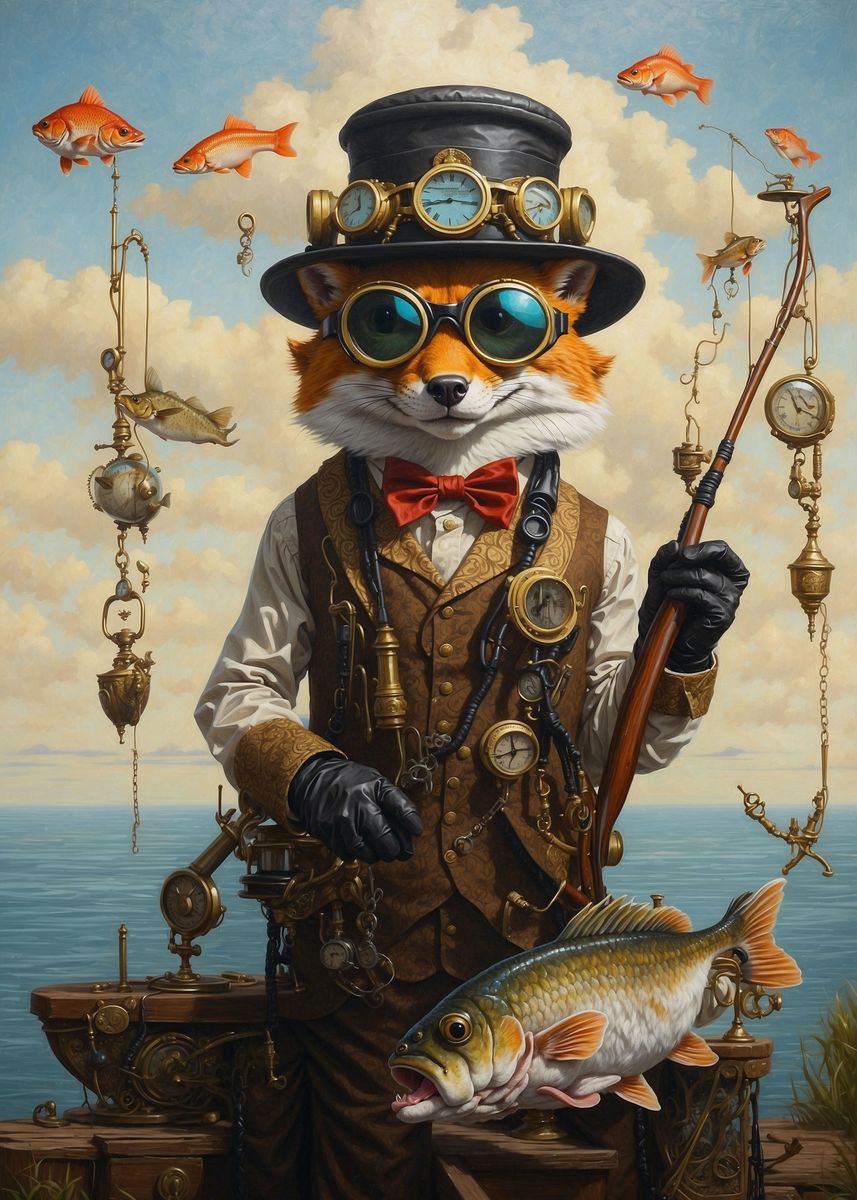 'Steampunk Fox Bass Fishing' Poster, picture, metal print, paint by ...