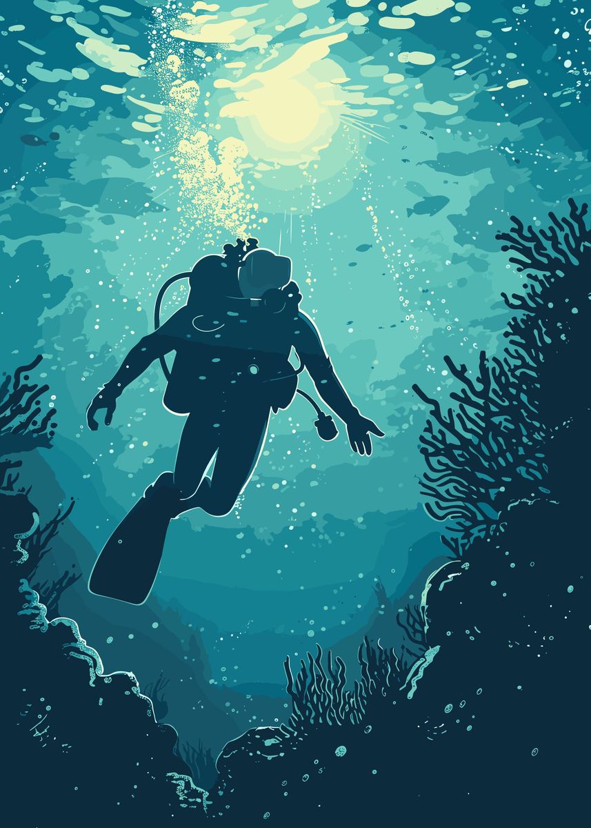 'Diver Diving' Poster, picture, metal print, paint by Mesh | Displate