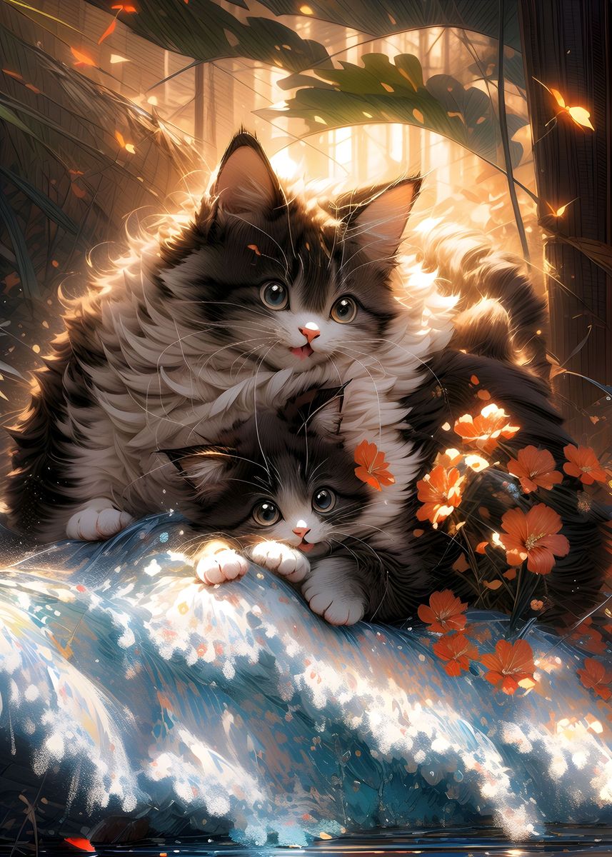 'Quirky Fluffy Cat Bliss' Poster, picture, metal print, paint by ...