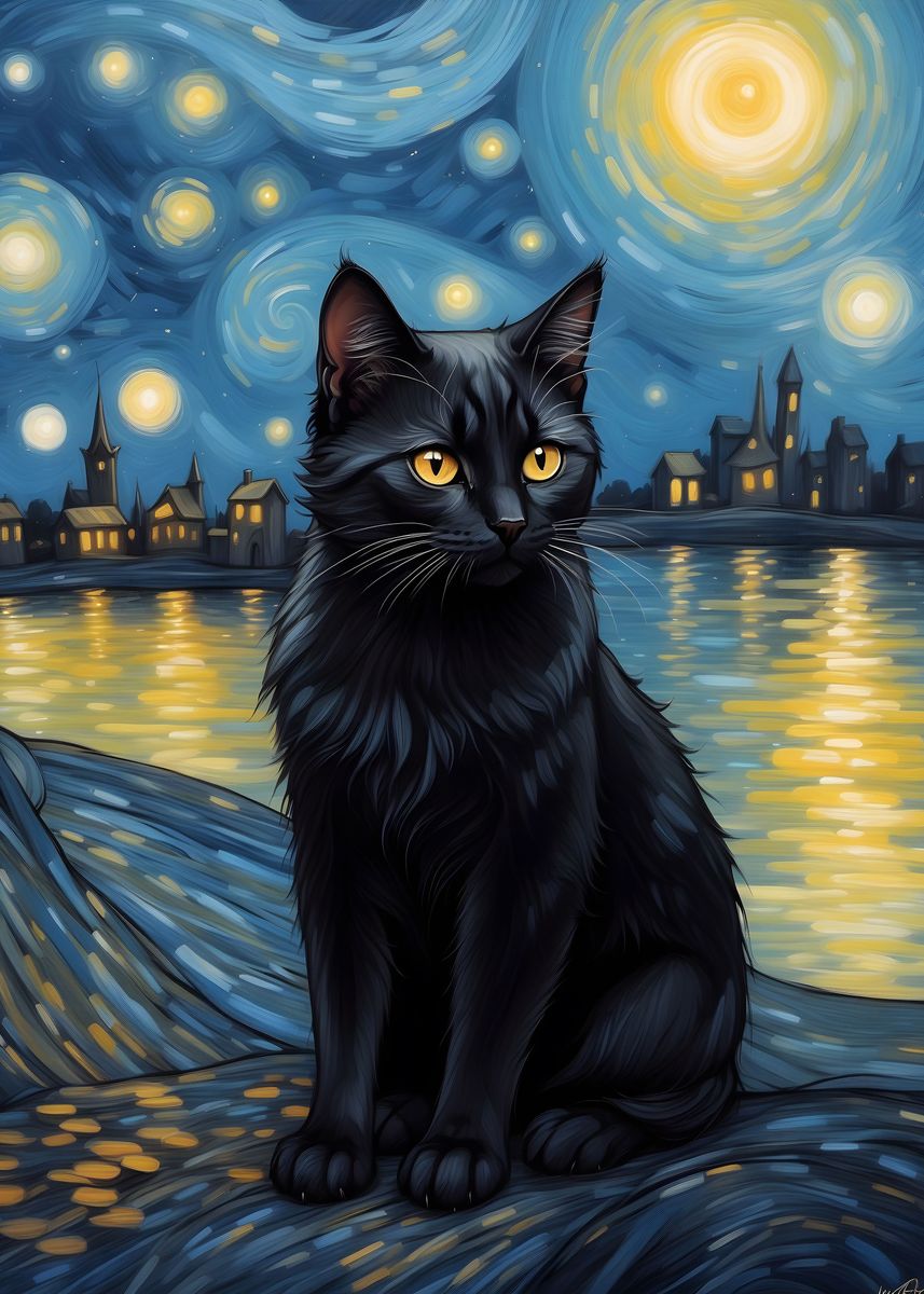 'Starry Night Cat' Poster, picture, metal print, paint by Xăm Việt ...