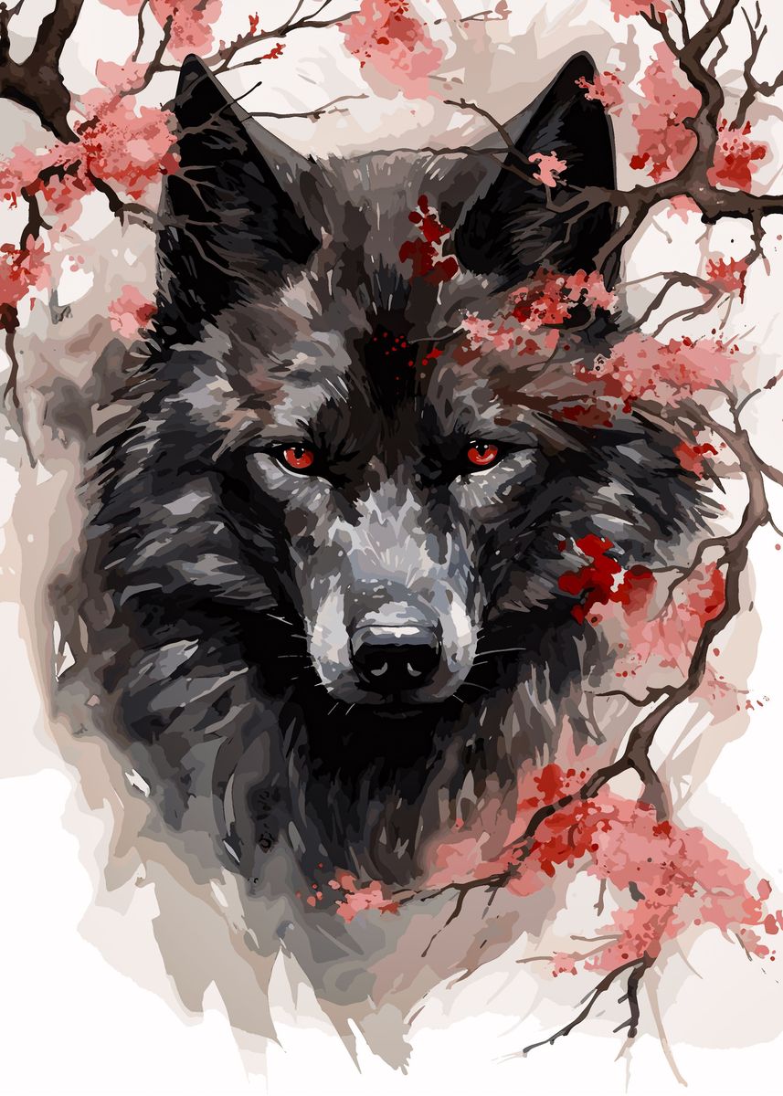 'wolf cherry blossom' Poster, picture, metal print, paint by Patsy ...