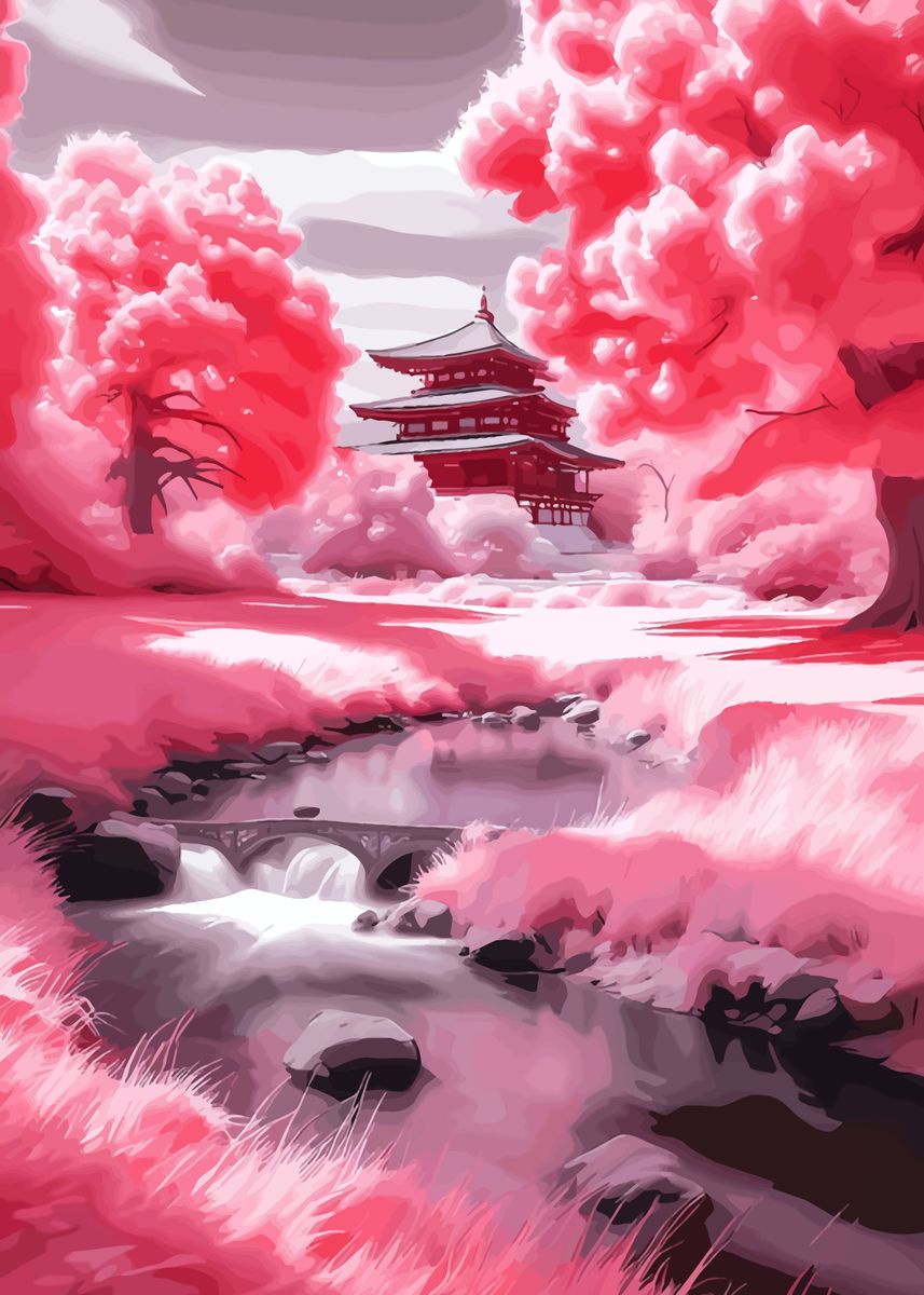 'Pink Japanese Landscape' Poster, picture, metal print, paint by ...