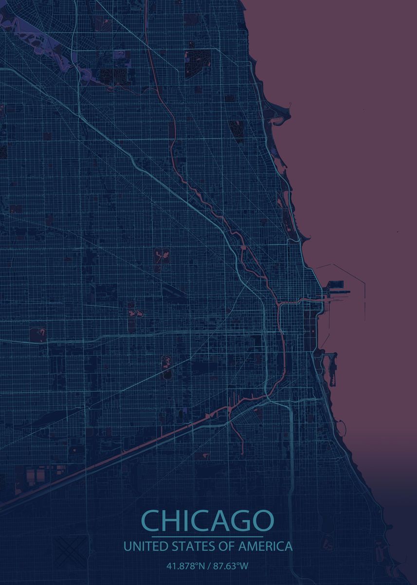 'Chicago US Blue Purple Map' Poster, picture, metal print, paint by ...