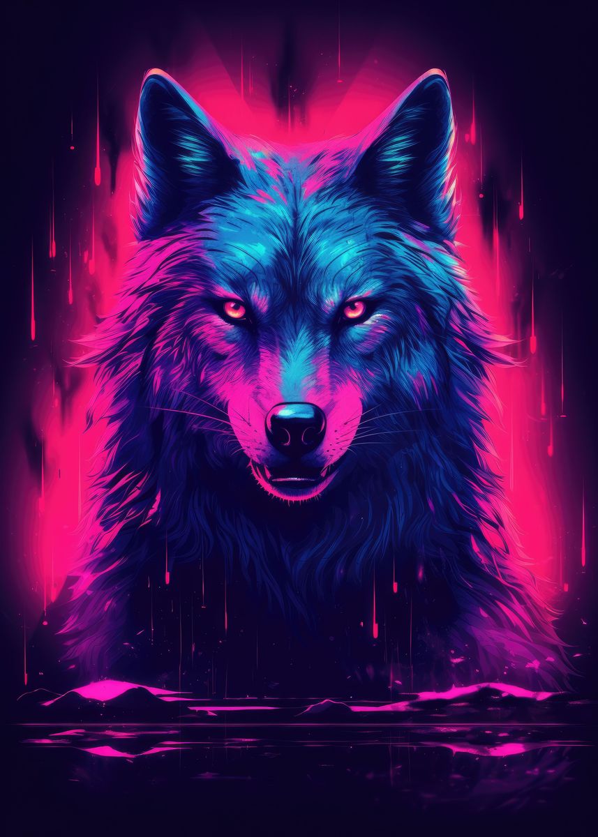 'Synthwave Wolf' Poster, picture, metal print, paint by Jan | Displate