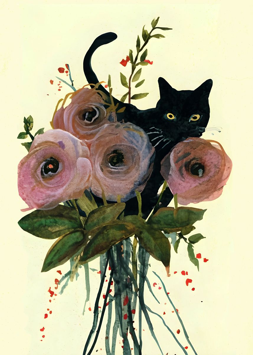 'Cat Floral Kitten Roses' Poster, picture, metal print, paint by Jovana ...
